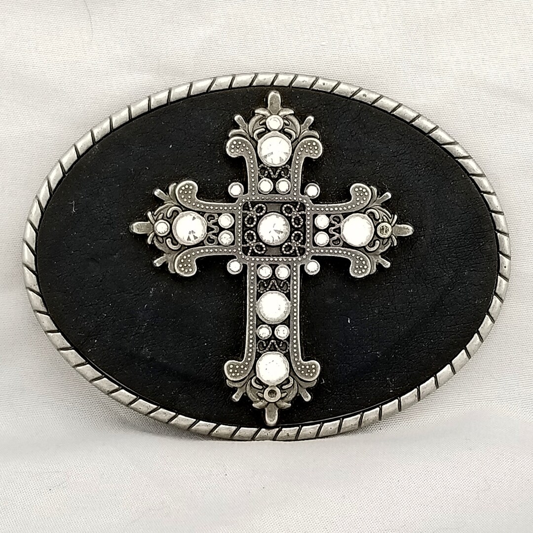 Vintage Belt Buckle Metal and Black Leather Cross Religious Jesus ...