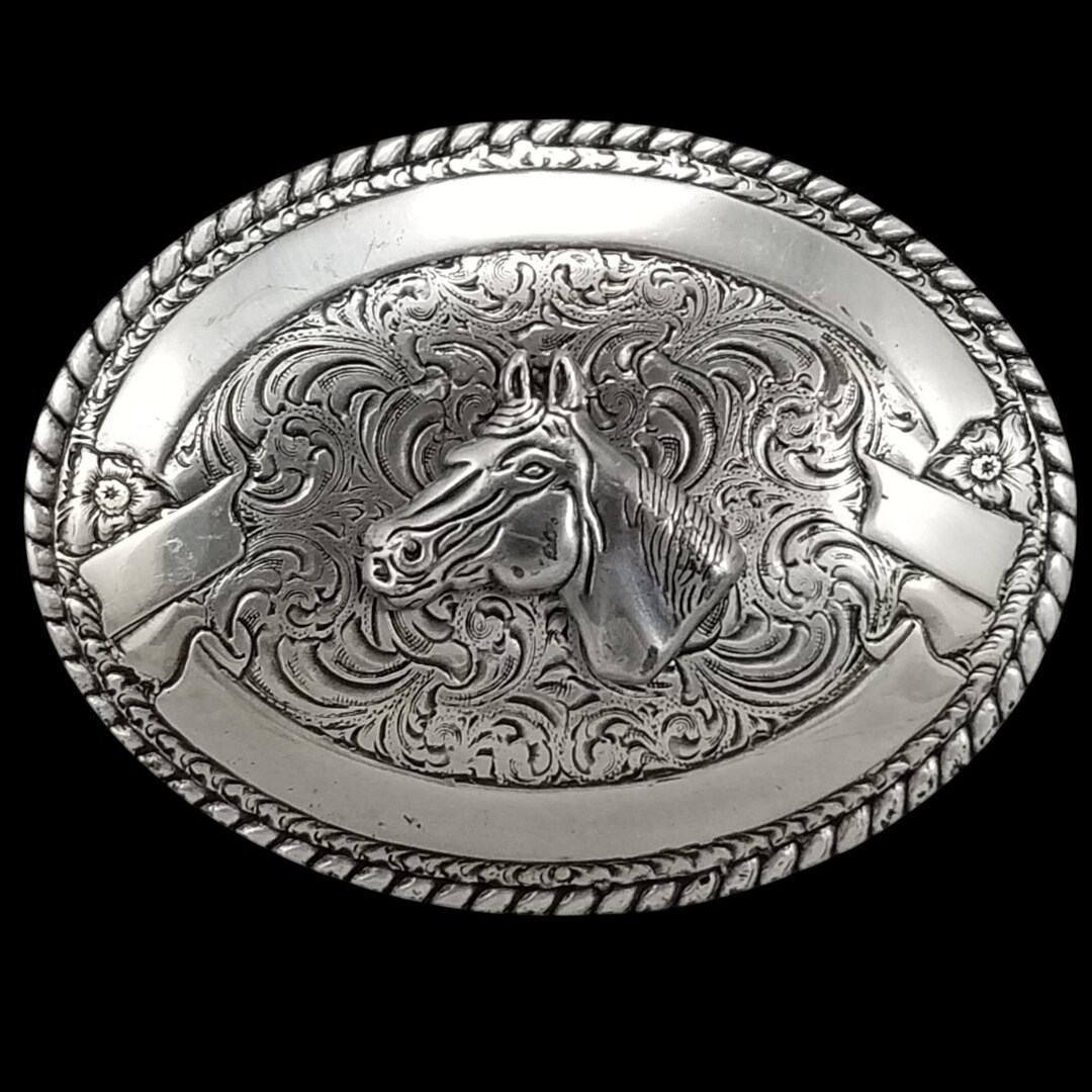 Crumrine Oval Silver Tone Horse Western Cowboy Belt Buckle Ornate ...