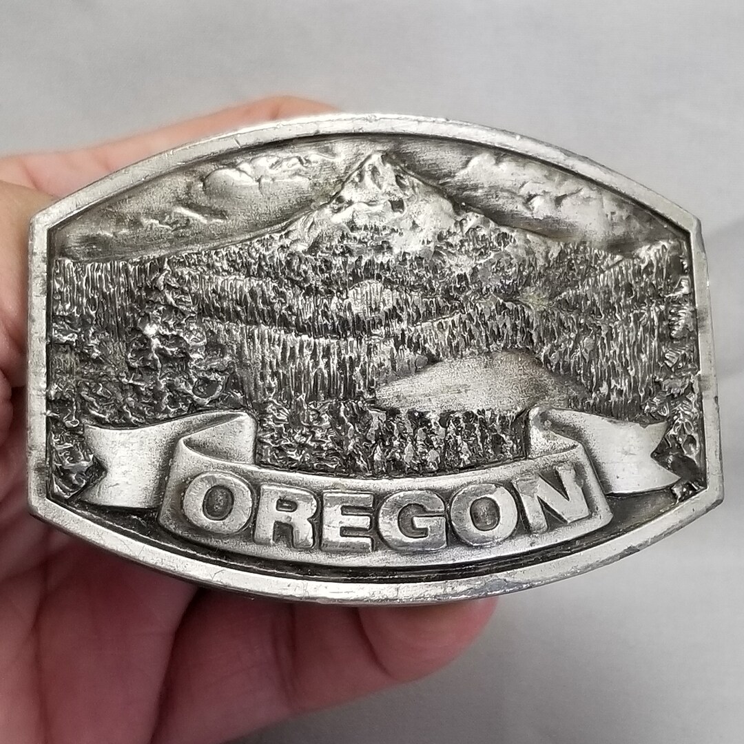 Vintage Belt Buckle Rare 1977 Pewter Oregon Scenic View of Lost Lake and Mt. Hood USA Made by ...