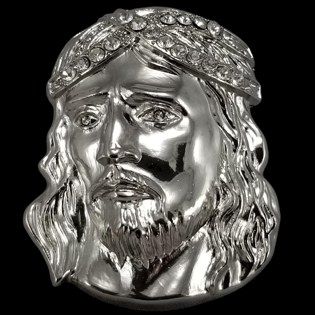 Jesus Piece Belt Buckle Silver Rhinestone Religious Bling Hip Hop Style ...