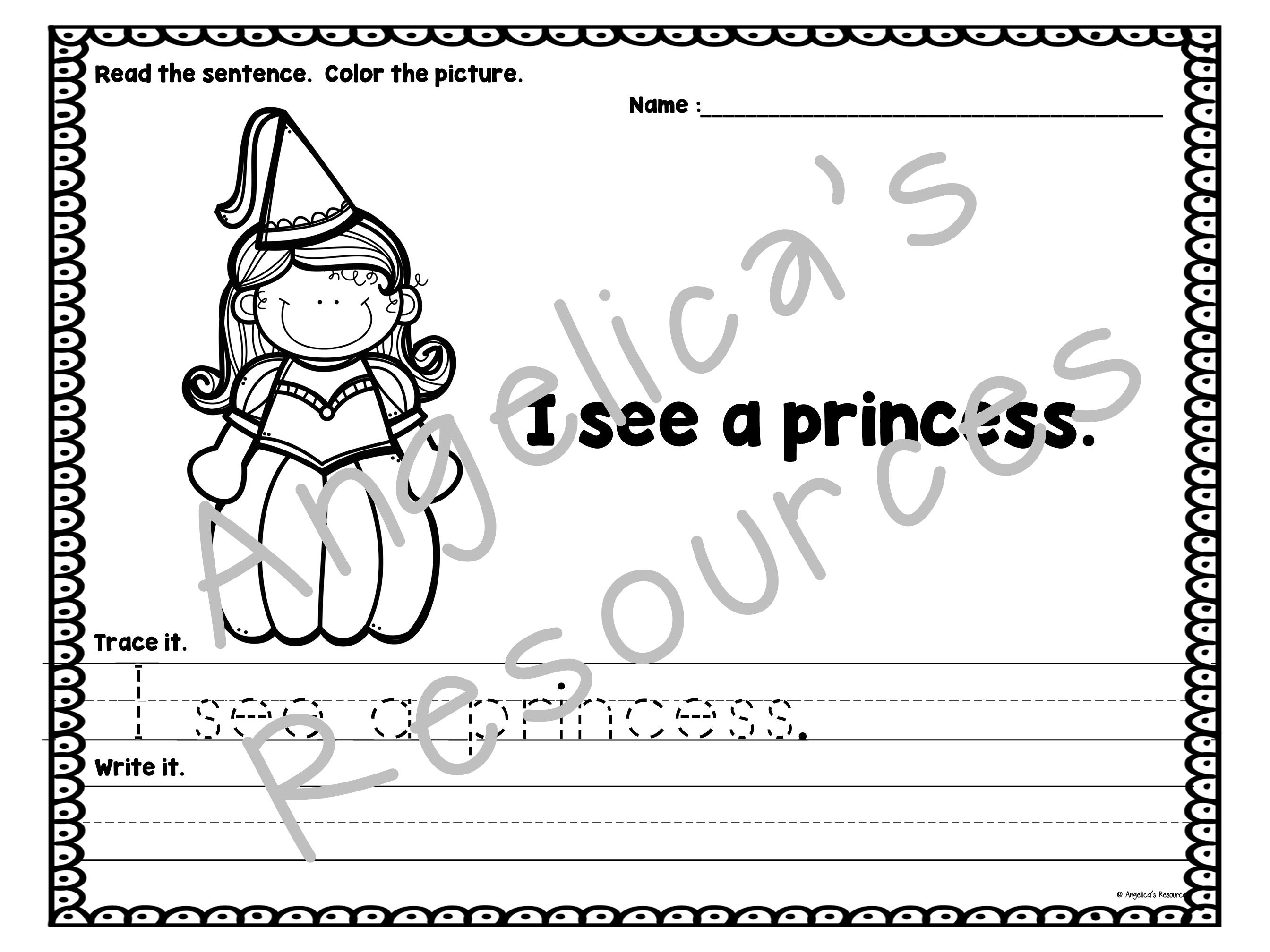 Fairy Tale Coloring Pages Printable Sight Word Handwriting Worksheet ...