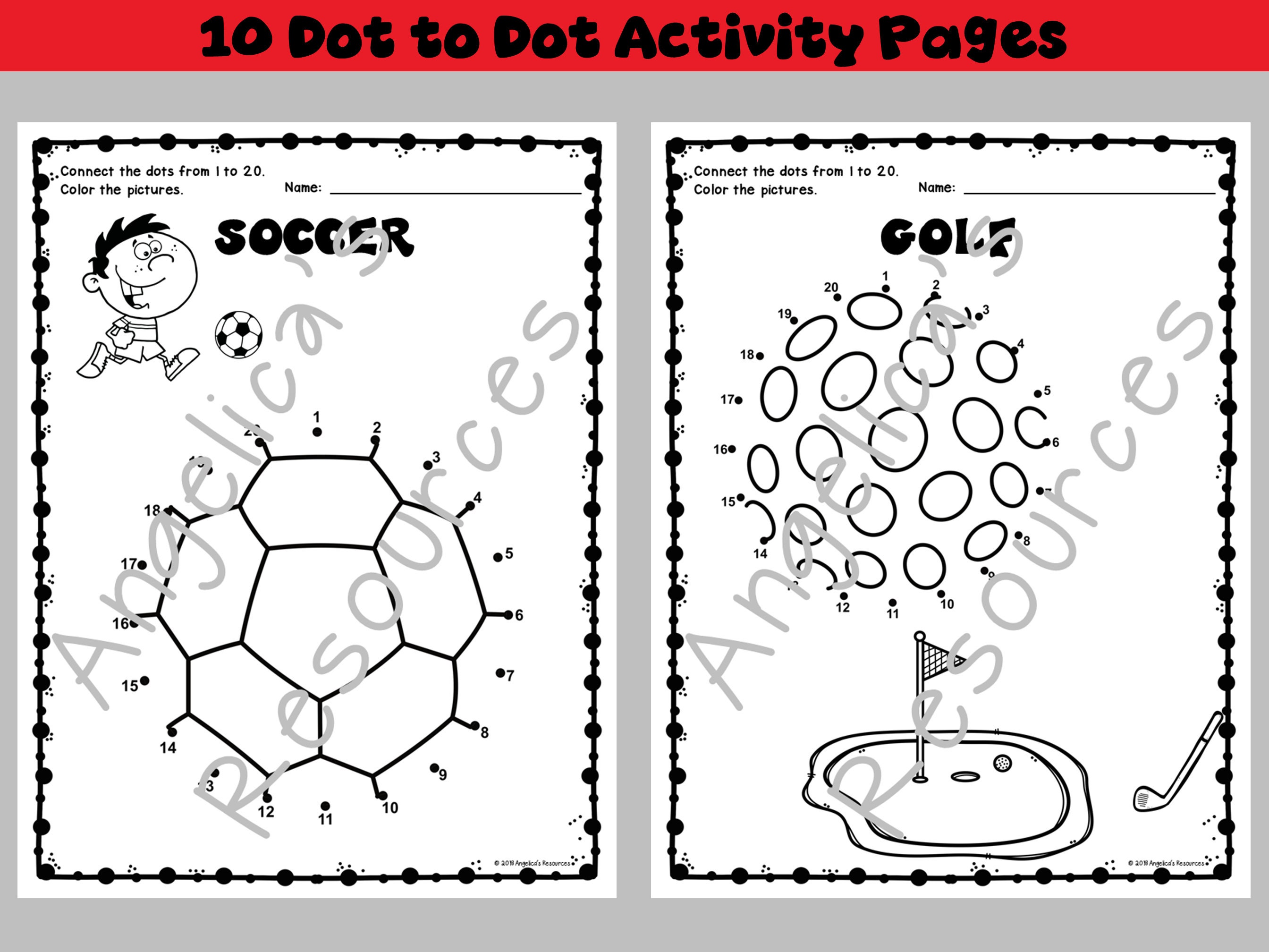 Sports Dot to Dot Coloring Pages | Connect the Dots Kindergarten Math ...