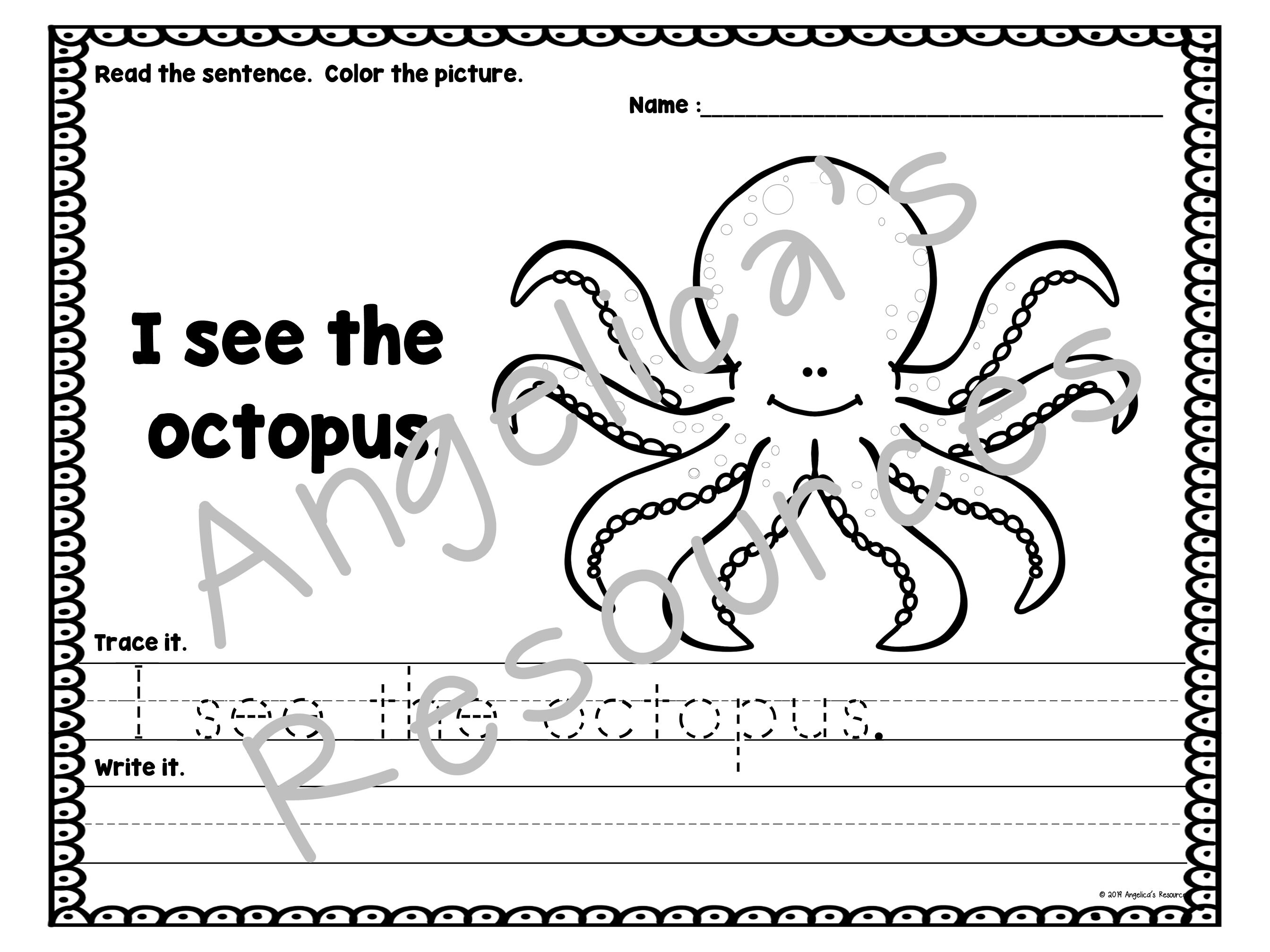 Ocean Animals Coloring Pages Printable Sight Word Handwriting ...