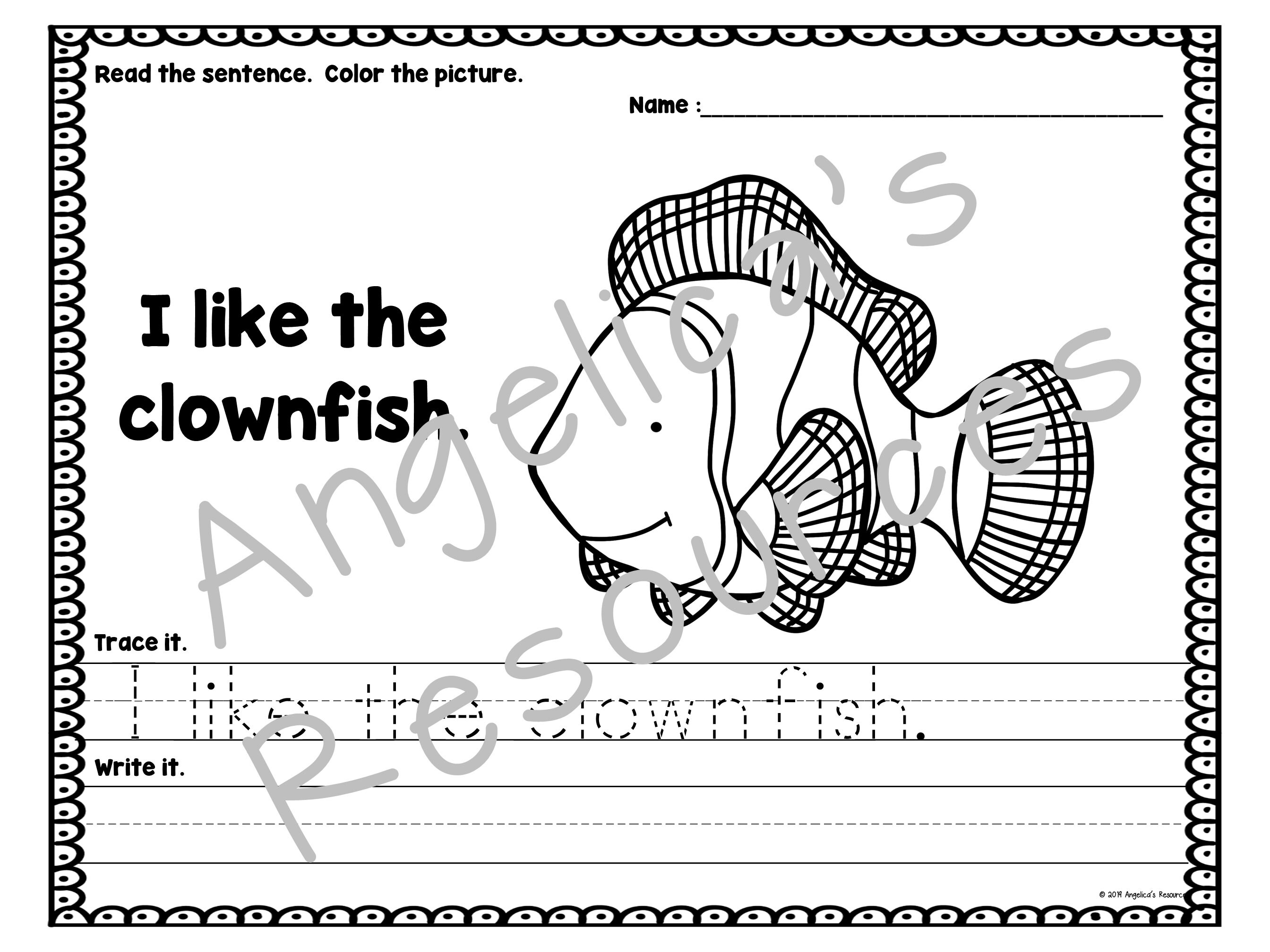 Ocean Animals Coloring Pages Printable Sight Word Handwriting ...