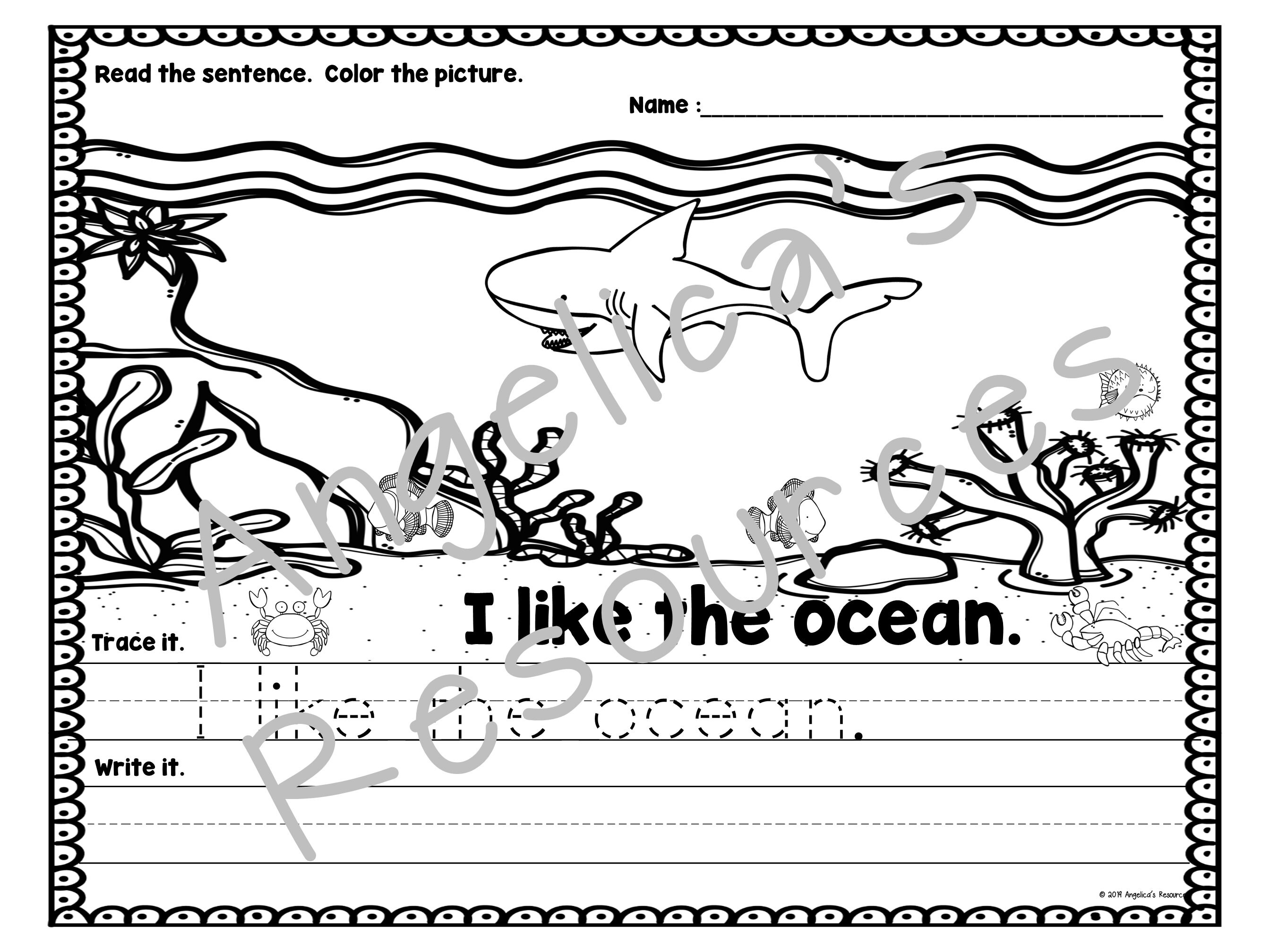 Ocean Animals Coloring Pages Printable Sight Word Handwriting ...