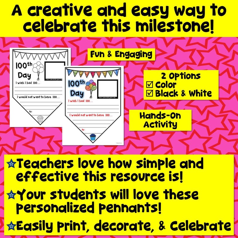 100th Day of School Activities | Creative Writing Prompt Pennant Craft ...