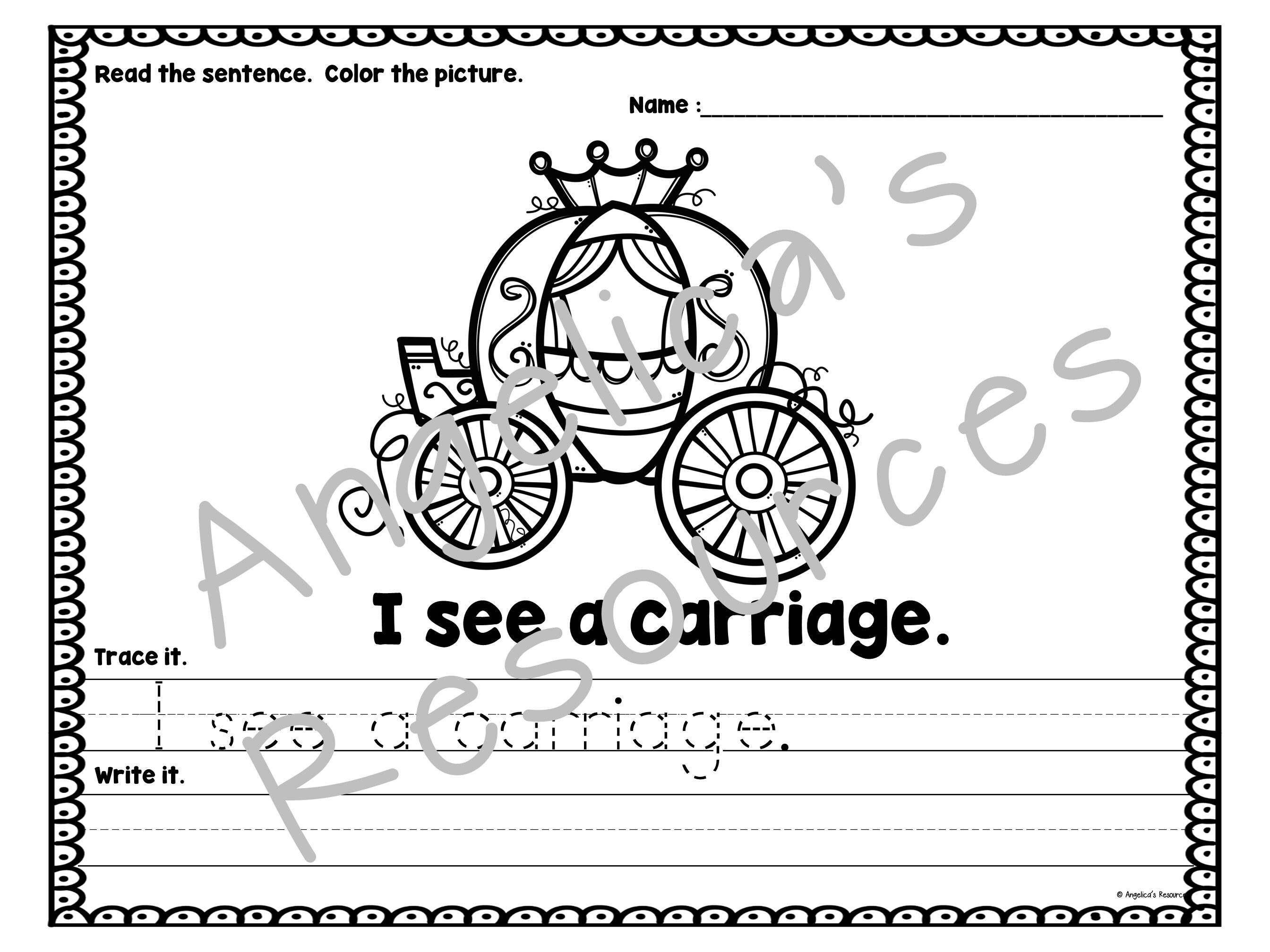 Fairy Tale Coloring Pages Printable Sight Word Handwriting Worksheet ...