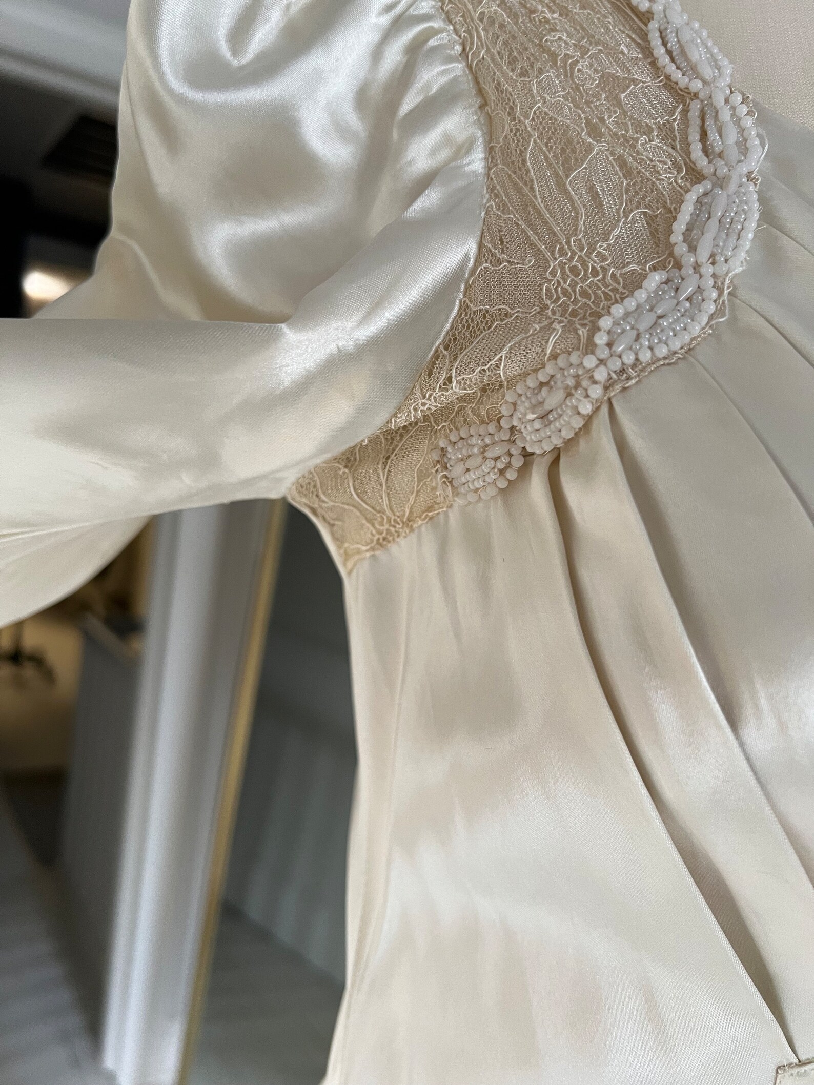 1920s Liquid Satin Wedding Gown: Sheer Lace Yoke, Beaded Trim, Size 2 ...