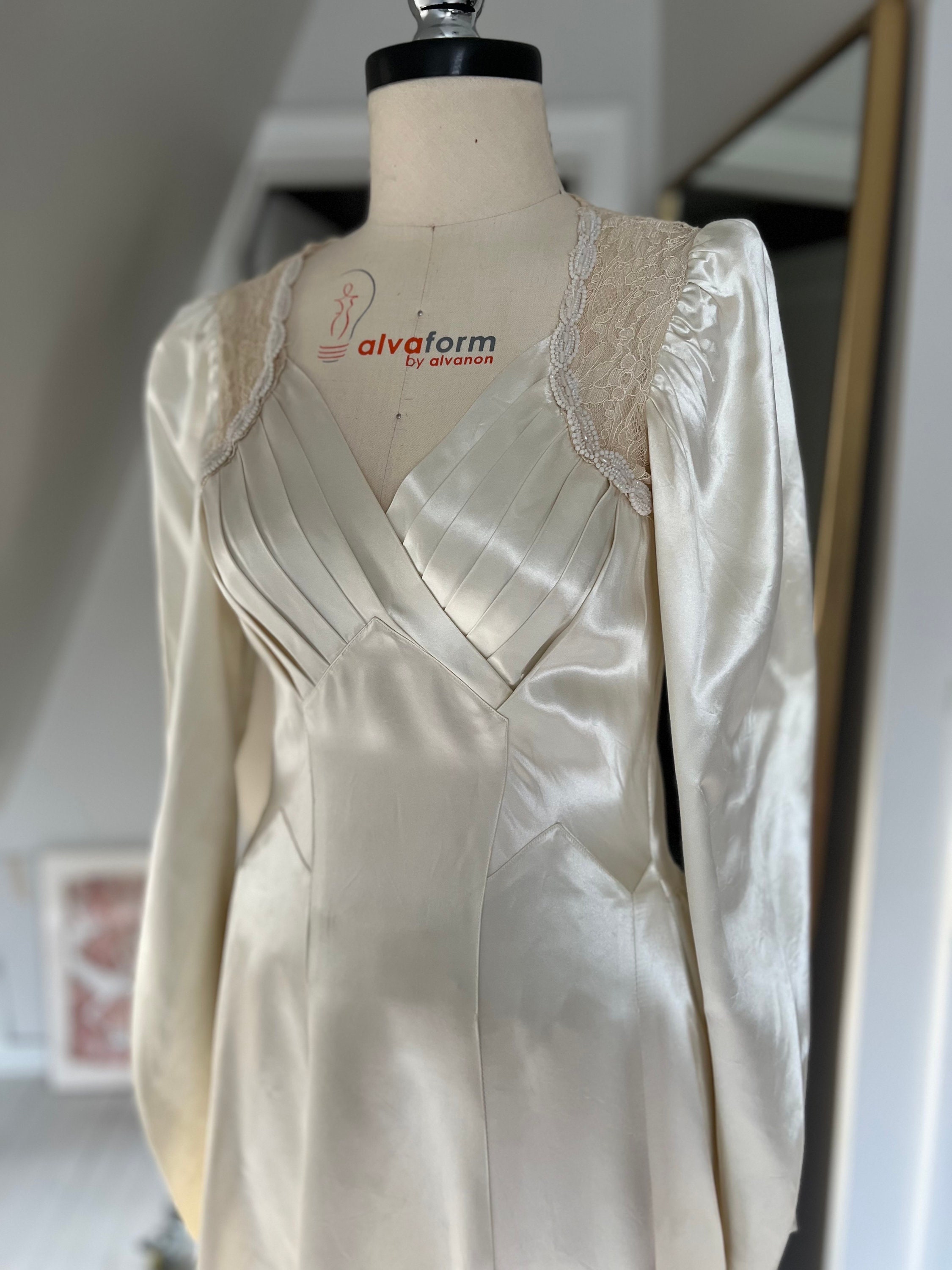 1920s Liquid Satin Wedding Gown: Sheer Lace Yoke, Beaded Trim, Size 2 ...