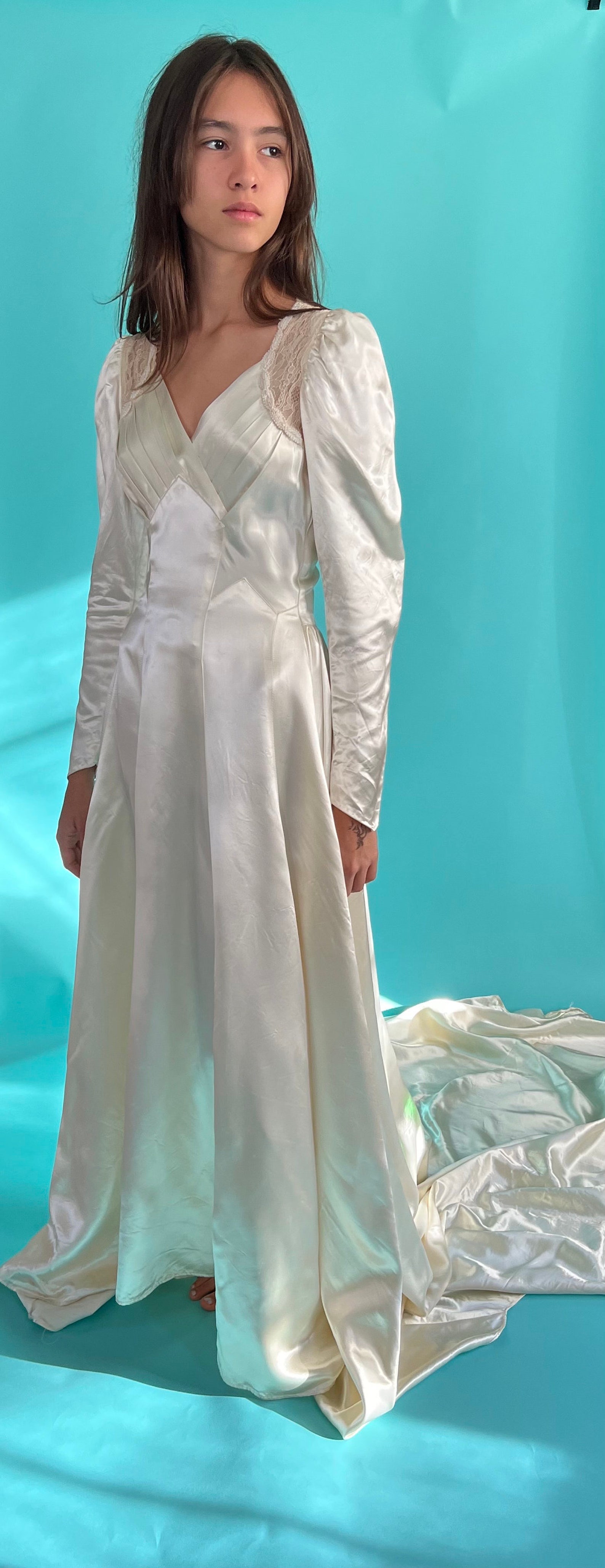 1920s Liquid Satin Wedding Gown: Sheer Lace Yoke, Beaded Trim, Size 2 ...