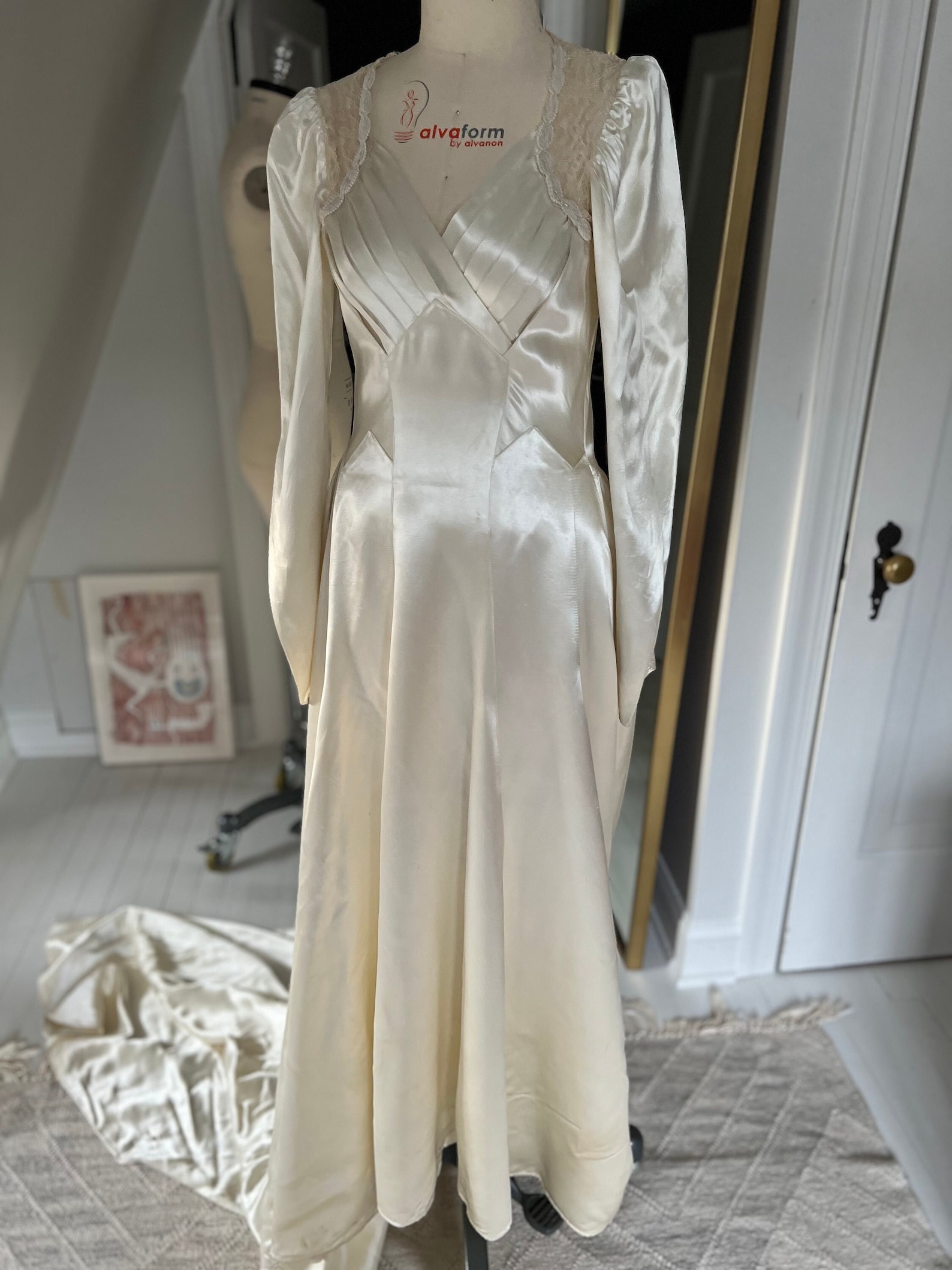 1920s Liquid Satin Wedding Gown: Sheer Lace Yoke, Beaded Trim, Size 2 ...