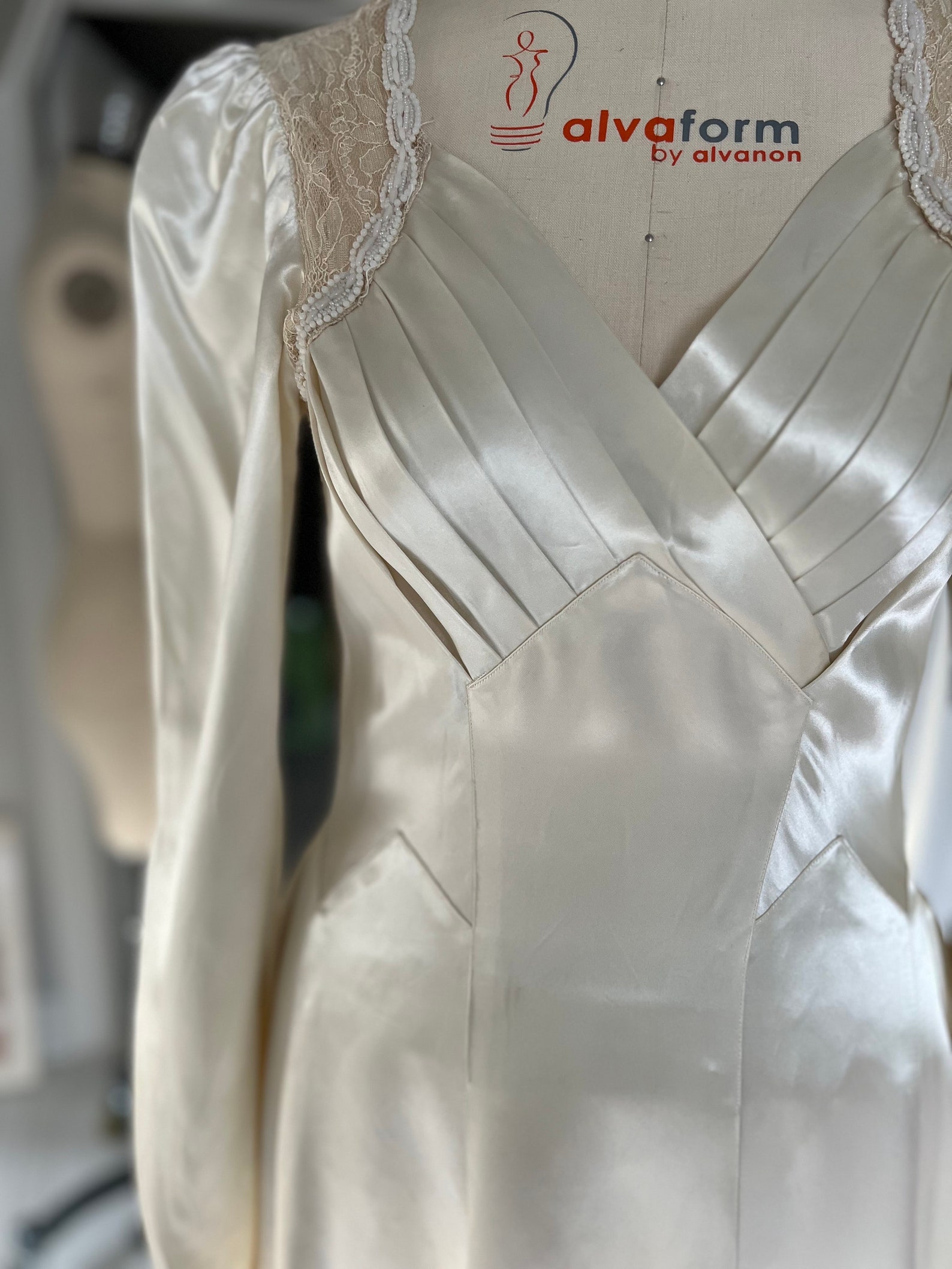 1920s Liquid Satin Wedding Gown: Sheer Lace Yoke, Beaded Trim, Size 2 ...
