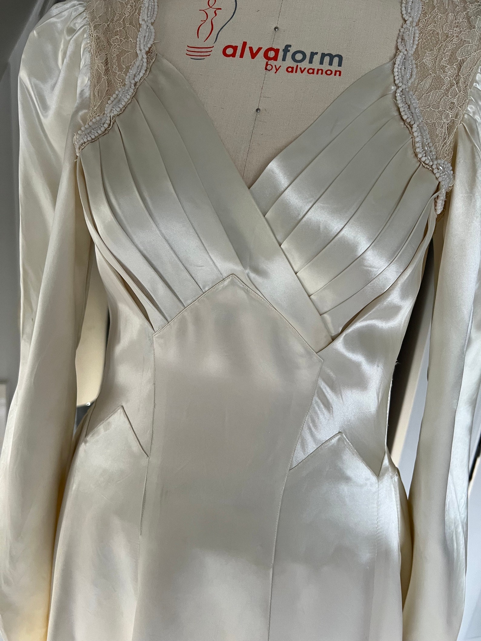 1920s Liquid Satin Wedding Gown: Sheer Lace Yoke, Beaded Trim, Size 2 ...