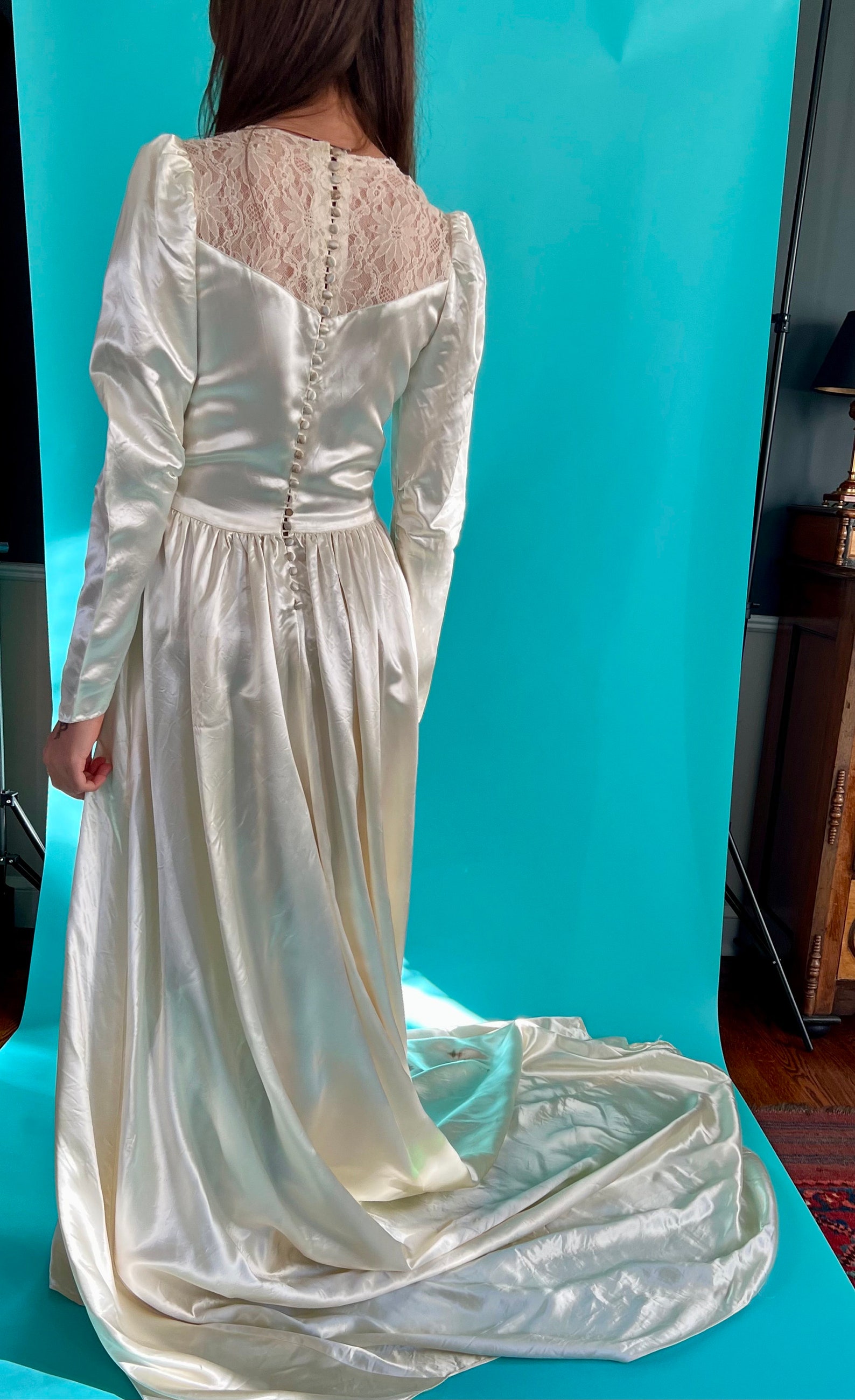 1920s Liquid Satin Wedding Gown: Sheer Lace Yoke, Beaded Trim, Size 2 ...