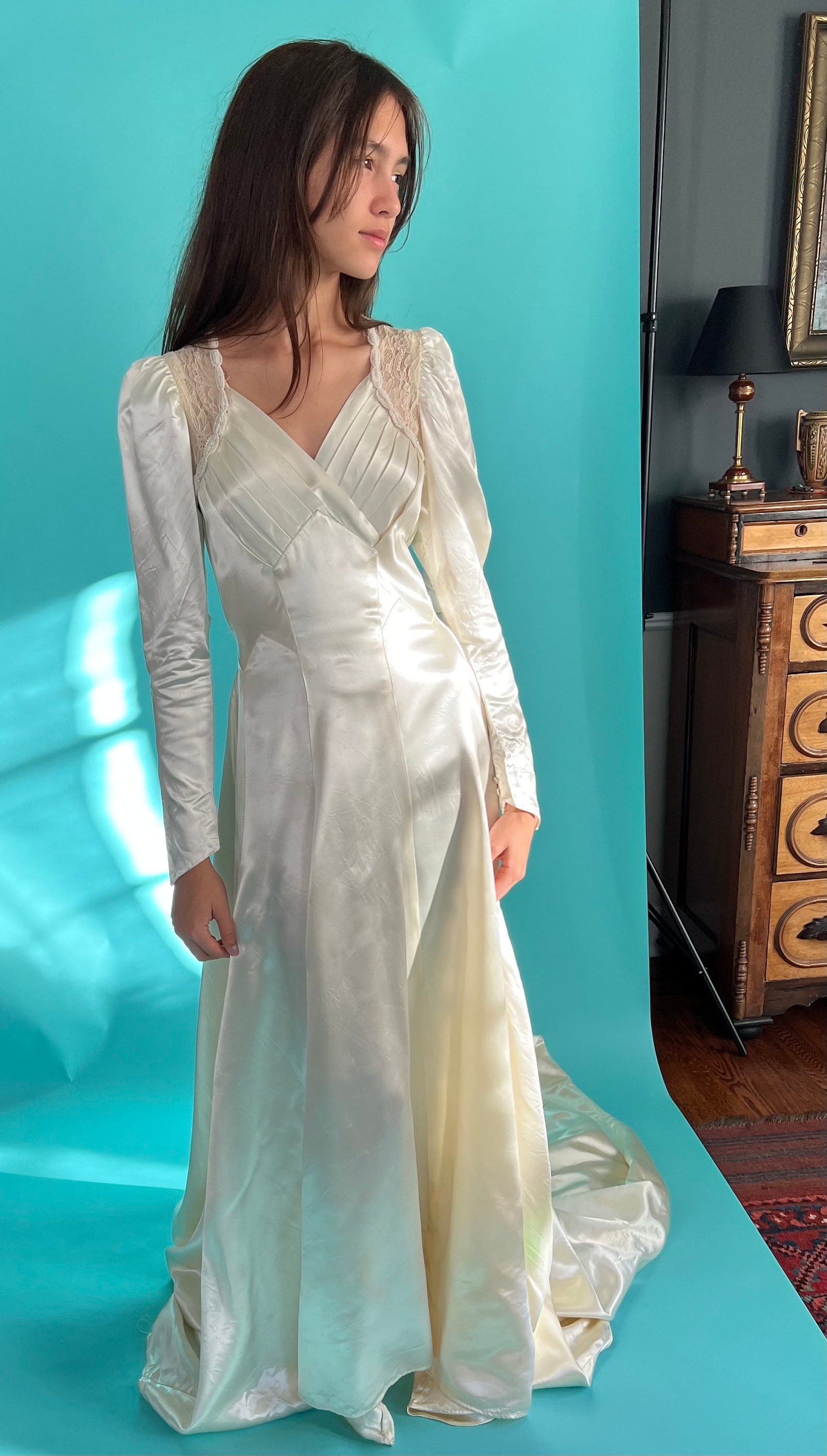 1920s Liquid Satin Wedding Gown: Sheer Lace Yoke, Beaded Trim, Size 2 ...