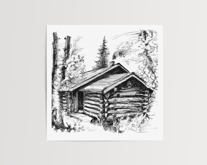 Log Cabin Art Print, Log Cabin Wall Art, Vintage Sketch Print ...