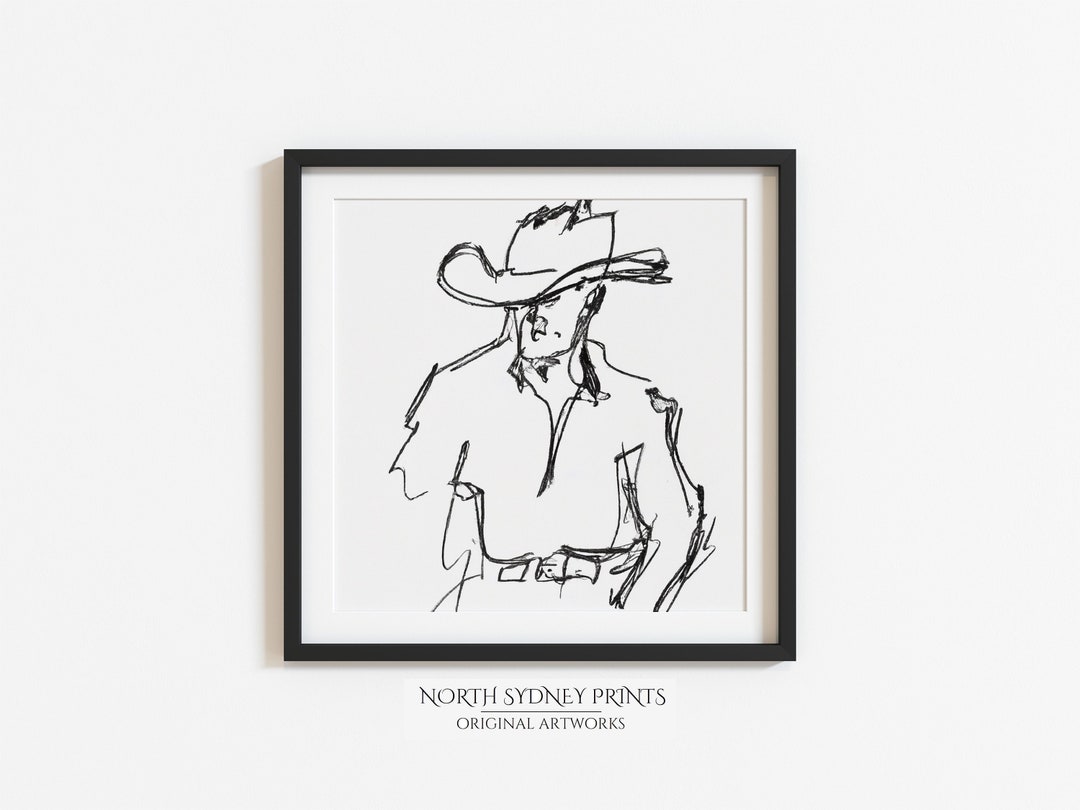 Abstract Cowboy Sketch, Cowboy Wall Art, Western Decor, Old West Art ...