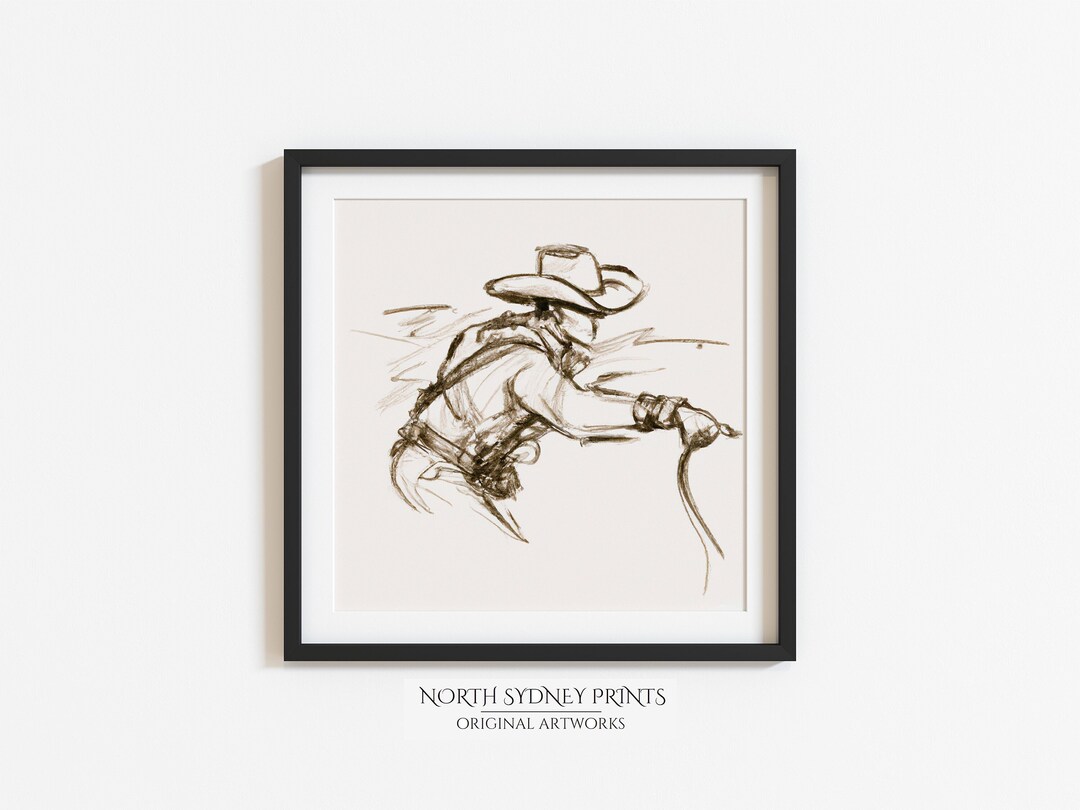Cowboy With Lasso Sketch, Abstract Cowboy Art, Western Wall Art ...