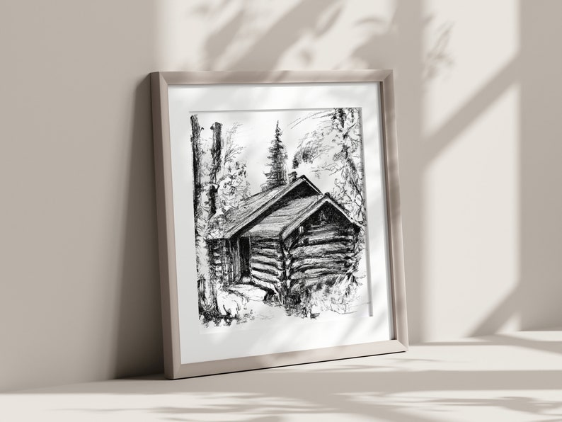 Log Cabin Art Print, Log Cabin Wall Art, Vintage Sketch Print ...