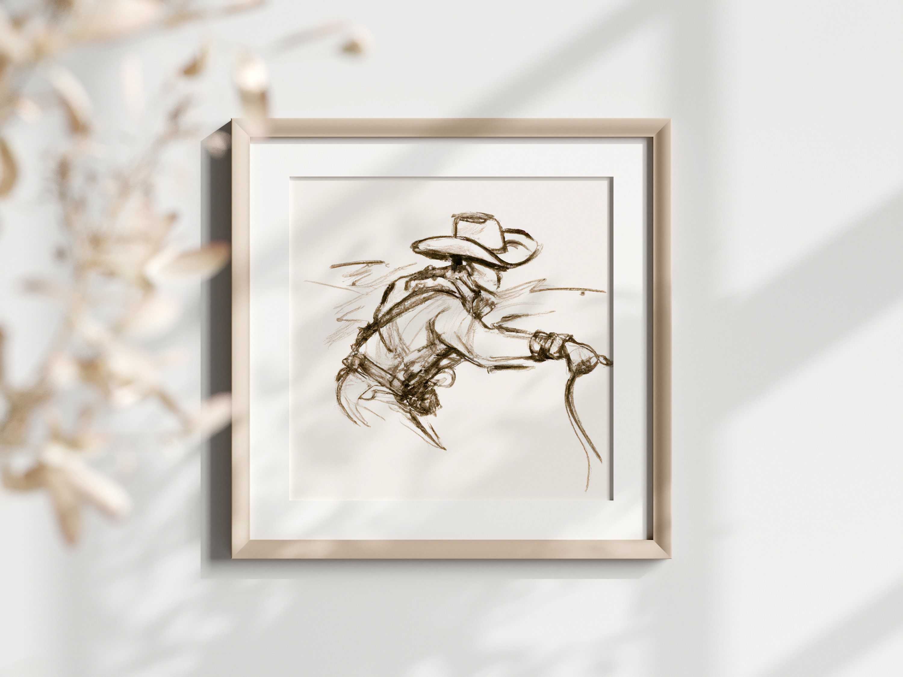 Cowboy With Lasso Sketch, Abstract Cowboy Art, Western Wall Art ...