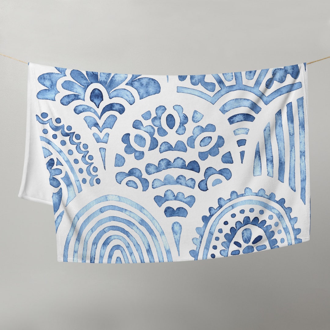 Blue and White Throw, Fleece Throw Blanket, Blue and White Bed Blanket ...