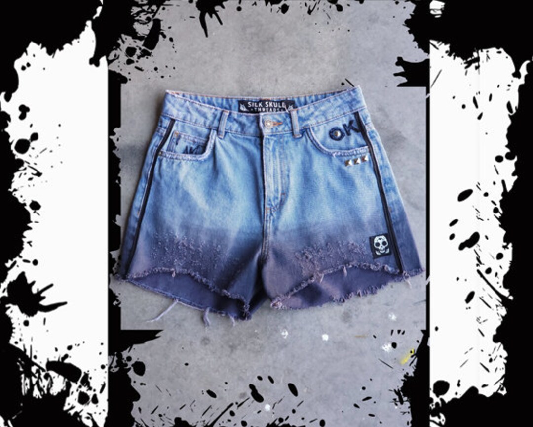 Upcycle Elektra Black Dipped High Waist Distressed Punk Denim Short ...