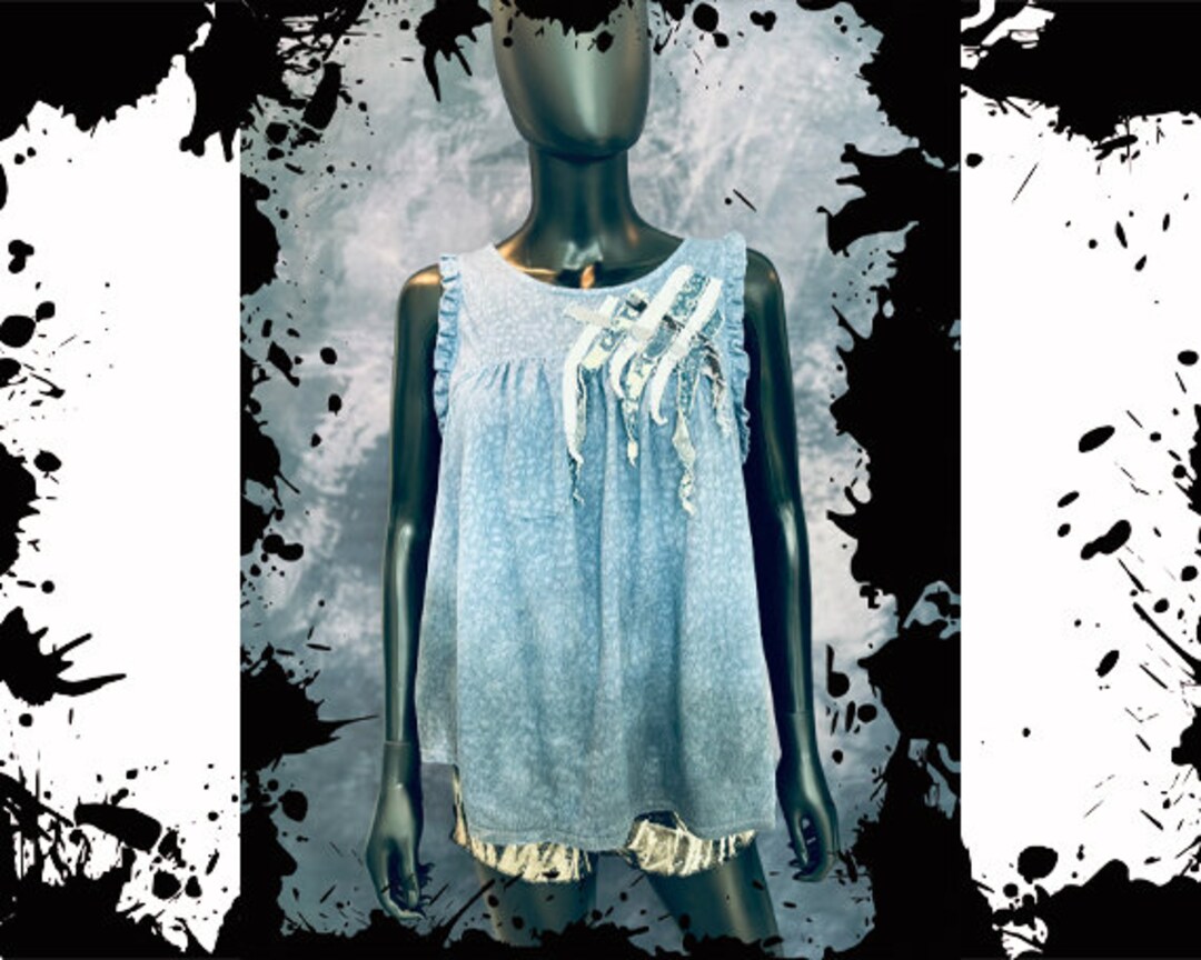 Upcycle Madeline Ruffled Blue/denim Detailed Distressed Cotton Tank ...