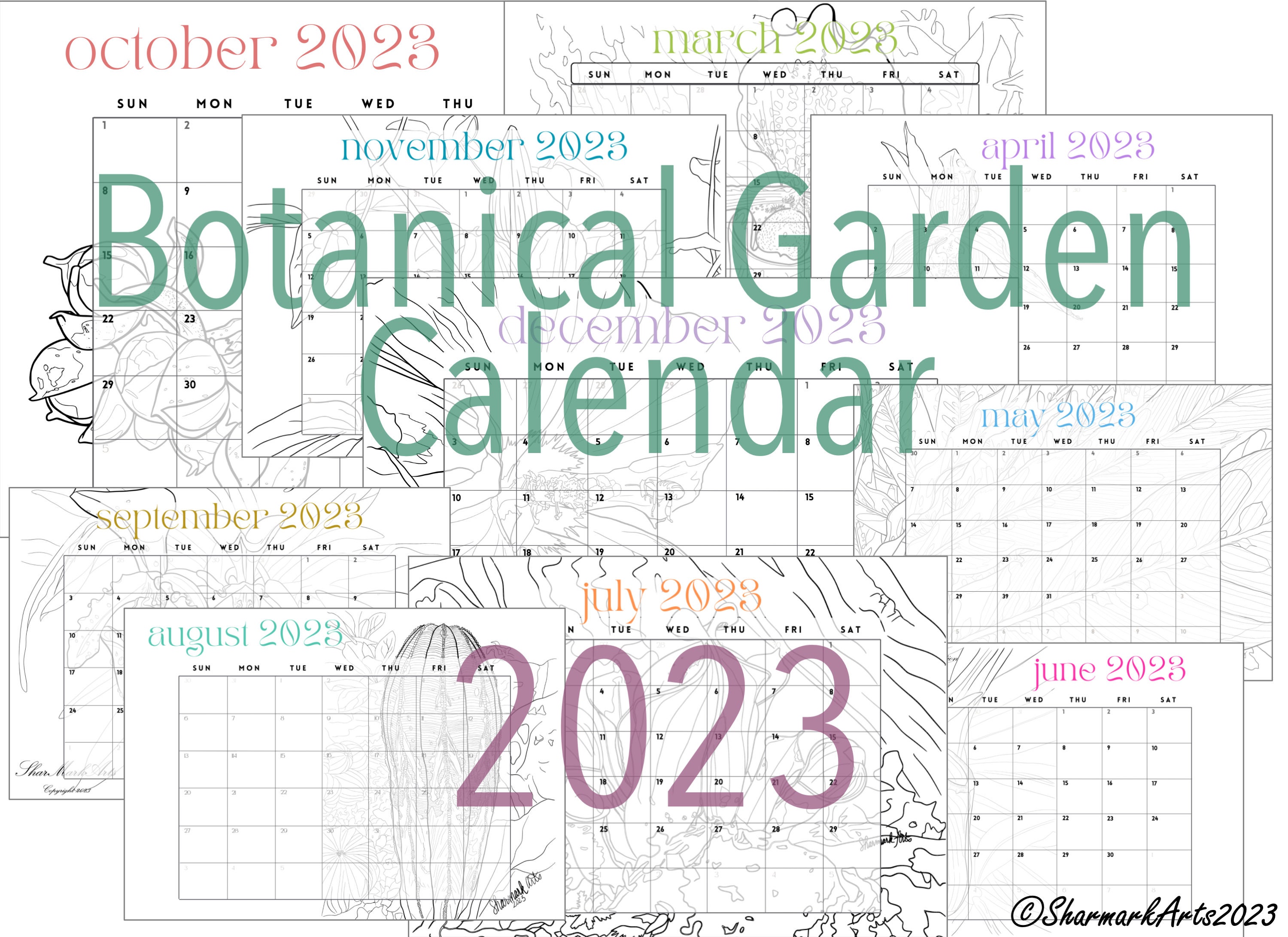 Botanical Garden Coloring Calendar 2023 Unique Hand Drawn Designs - Etsy
