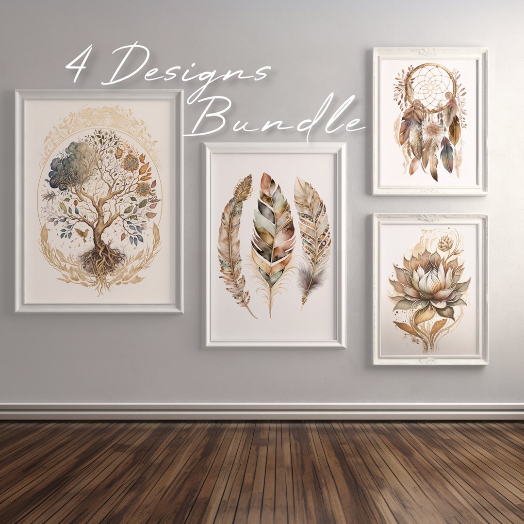 Boho Download Bundle, 4 Watercolor Art Prints, Tree of Life ...