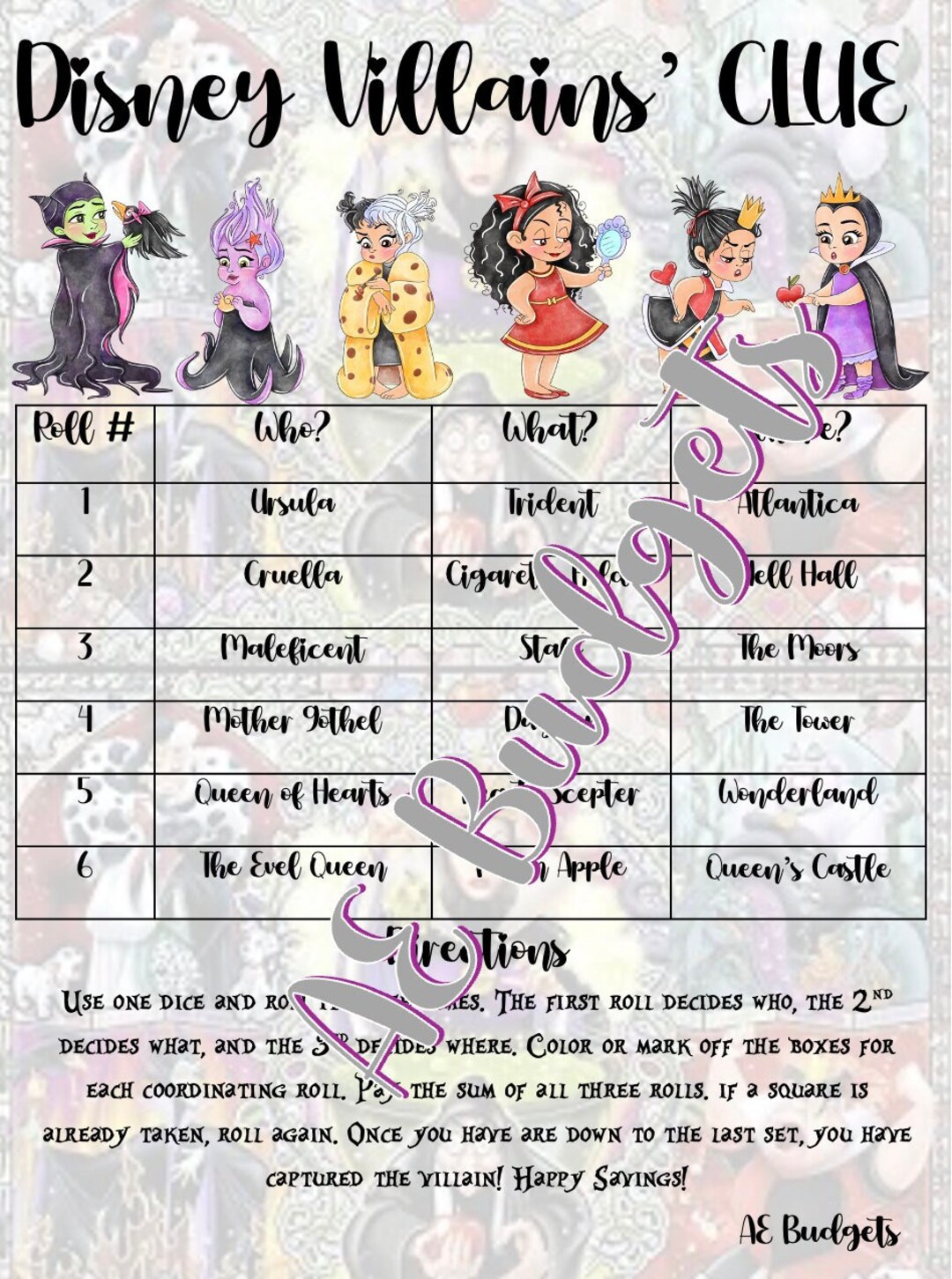 Villains' Clue|low Income|game Board|cash Budgeting|saving Challenge - Etsy