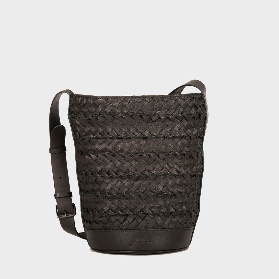 Black Woven Leather Bucket Bag - Etsy