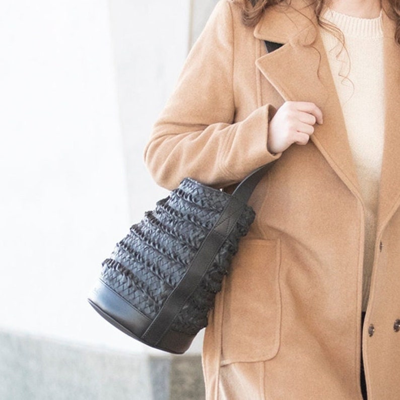 Black Woven Leather Bucket Bag - Etsy