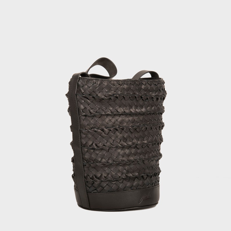 Black Woven Leather Bucket Bag - Etsy