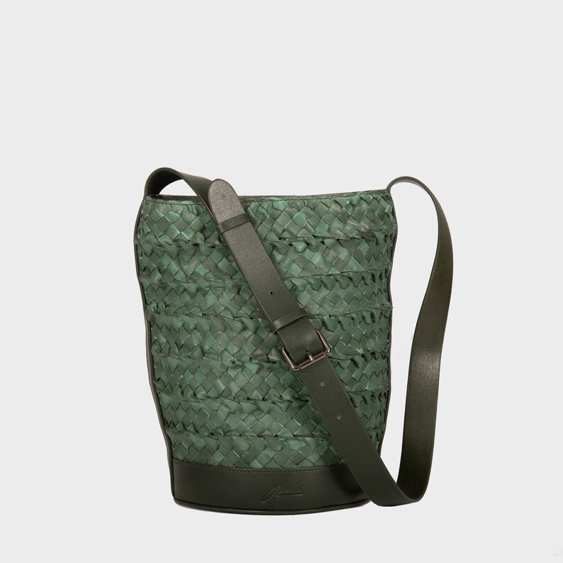 Green Woven Leather Bucket Bag - Etsy