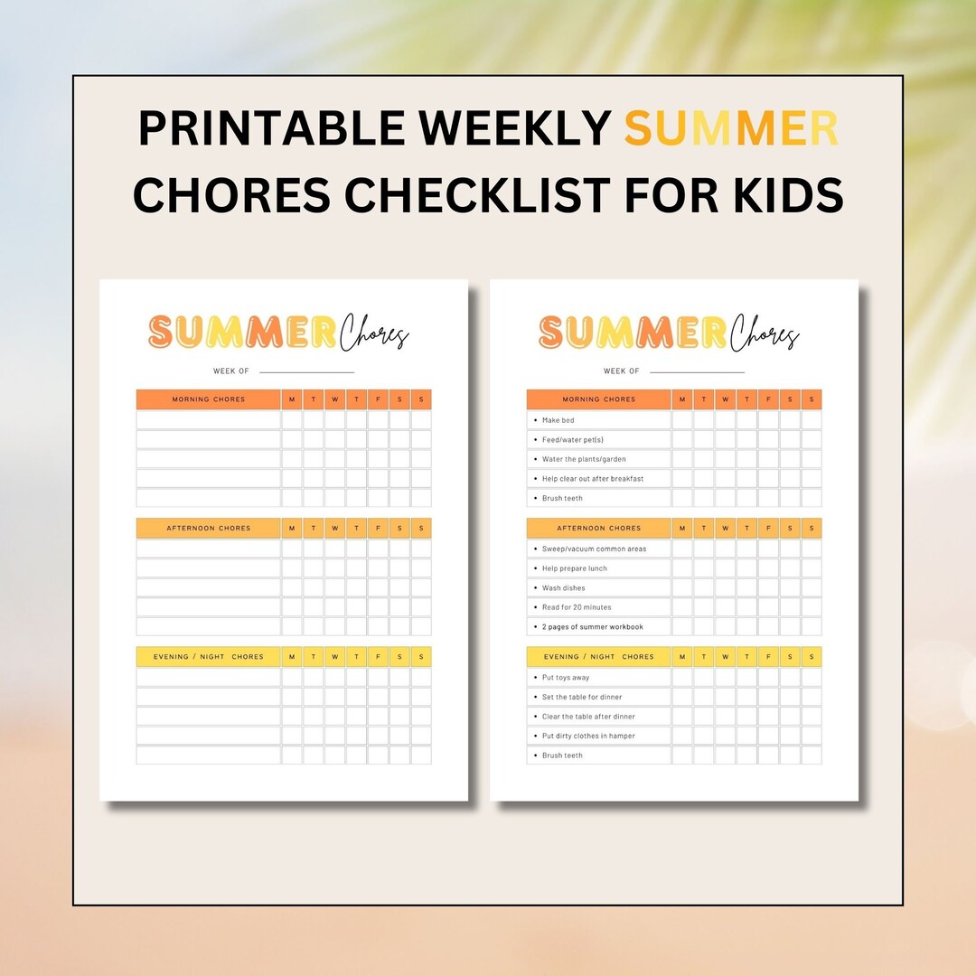 Printable Summer Daily Chores Checklist for Kids, Chore Chart for Kids ...