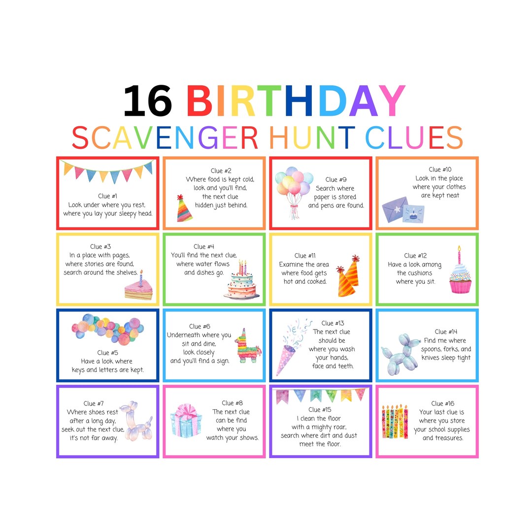 Birthday Scavenger Hunt Printable, Treasure Hunt Clue Cards, Kids ...