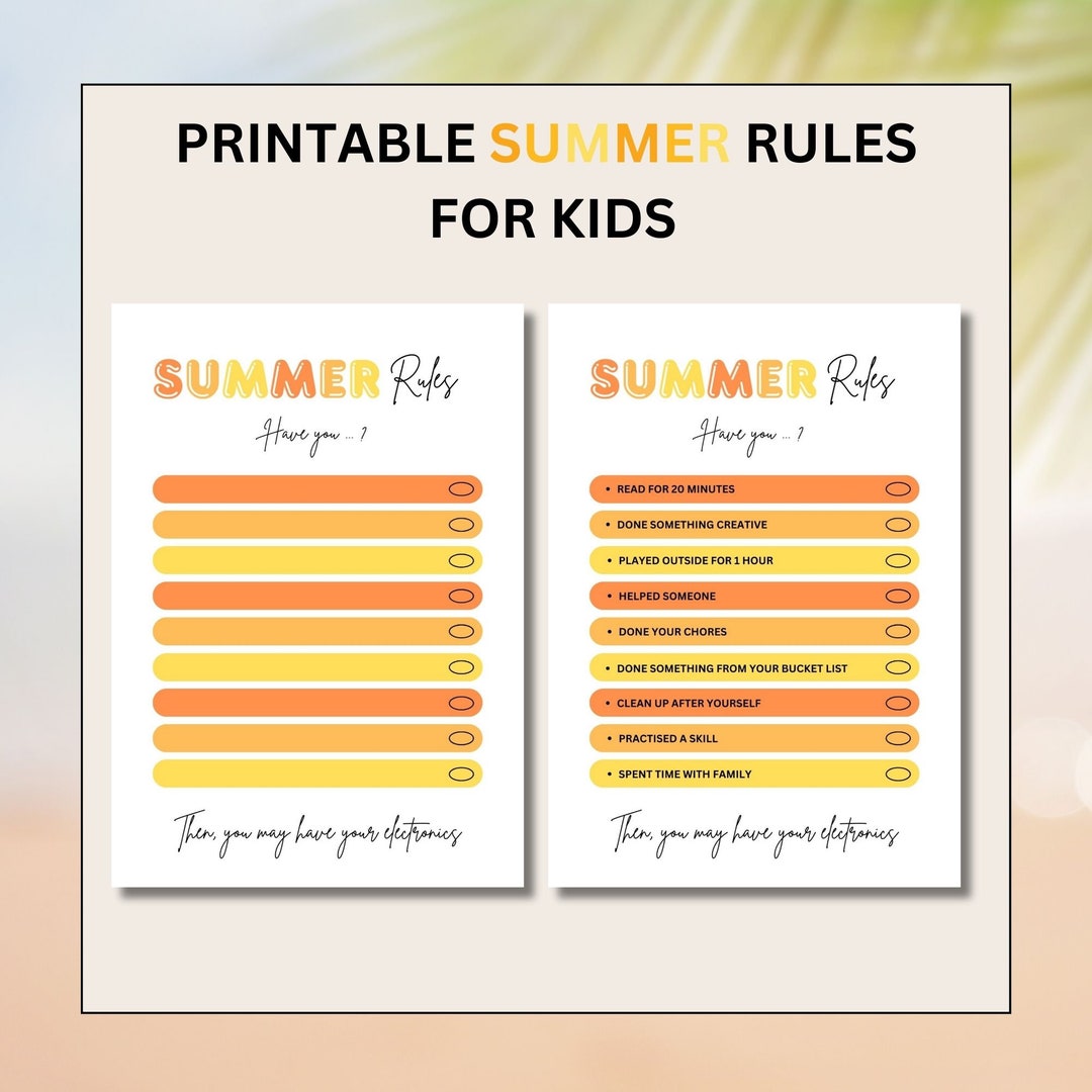Printable Summer Rules for Kids, Chore Chart for Kids, Summer Rules for ...