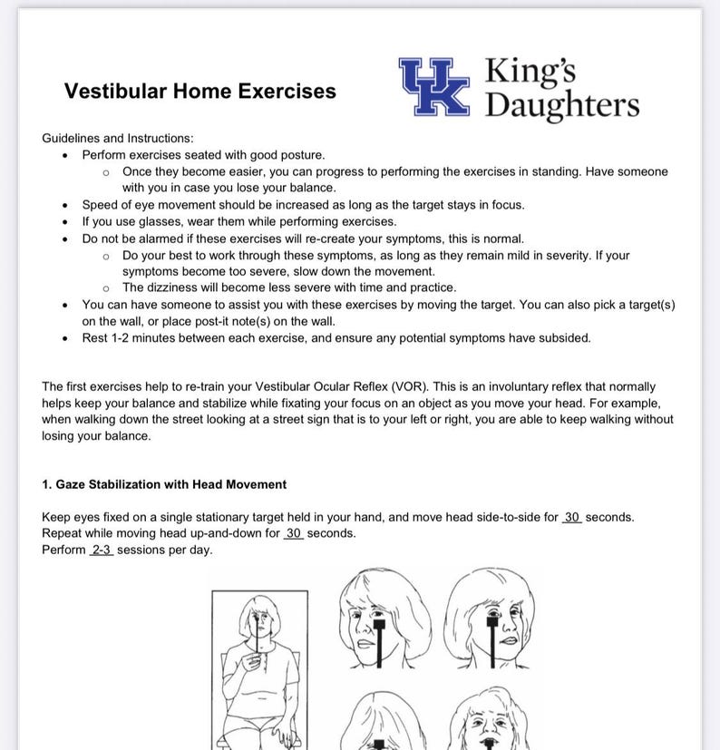 Vestibular Examination & Treatment, and Hypofunction Home Exercises - Etsy