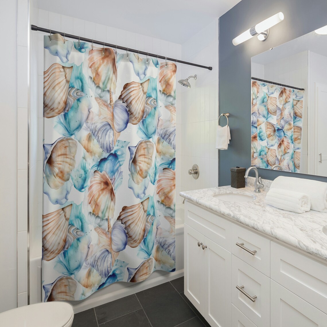Watercolor Sea Shell Shower Curtain Seashell Home Decor Sea - Etsy