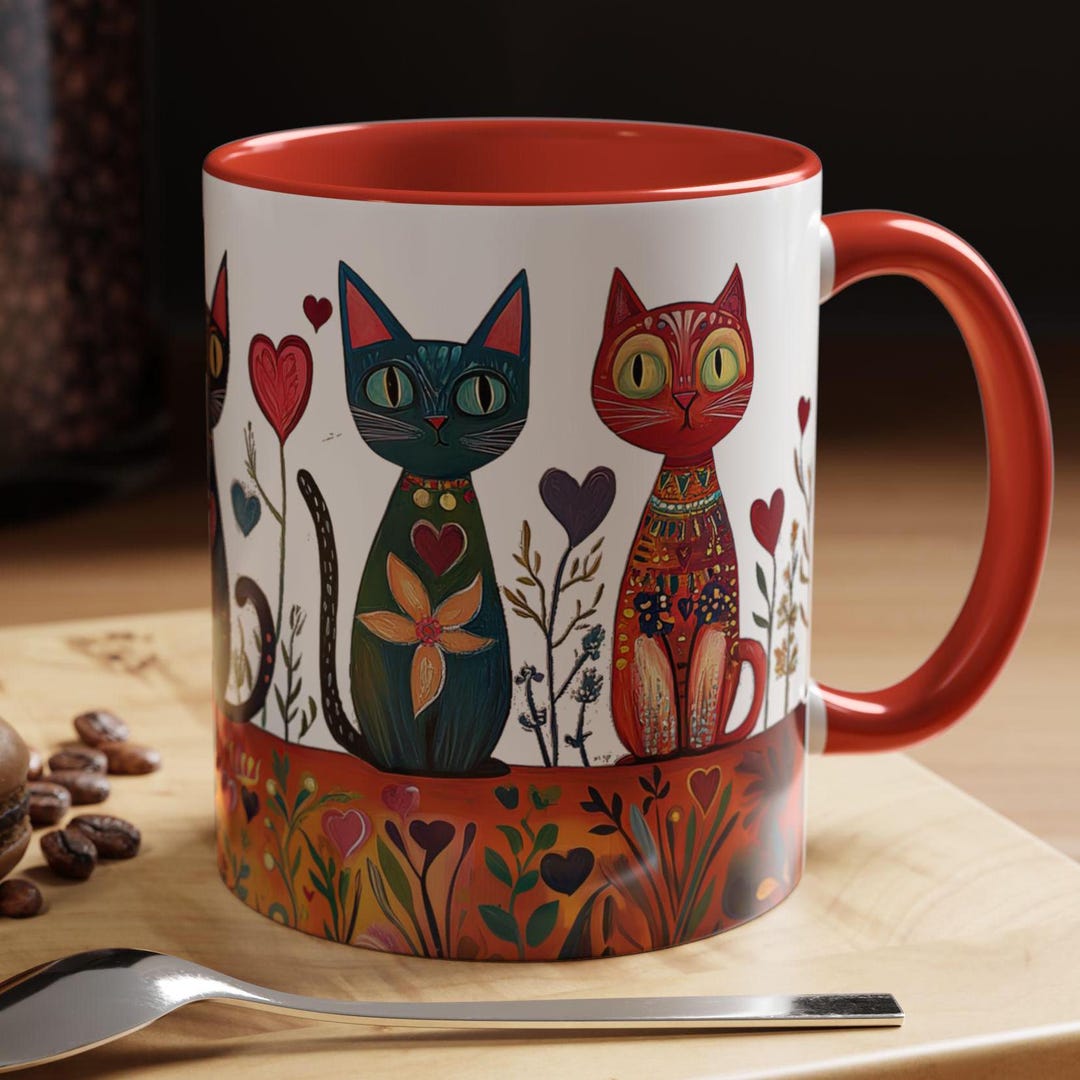 Cute Cats With Hearts Coffee Mug, 11 Oz and 15 Oz Colorful Cat Mug Boho ...