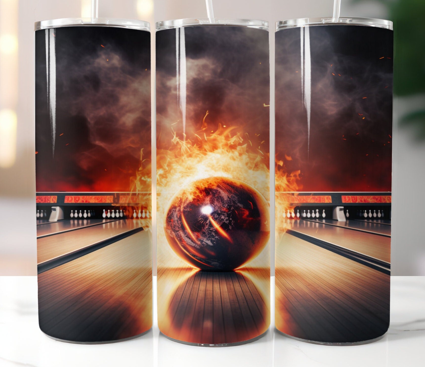 Flaming Bowling Ball 20 Oz Skinny and Tapered Tumbler Sublimation ...