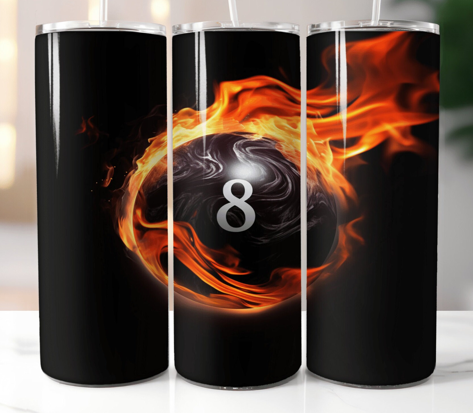 Flaming Pool Ball 20 Oz Skinny Tumbler Sublimation Design, 8 Ball on ...