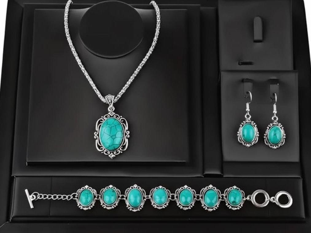 Boho Turquoise Jewelry Set: Vintage Flower Necklace, Earrings, Bracelet ...