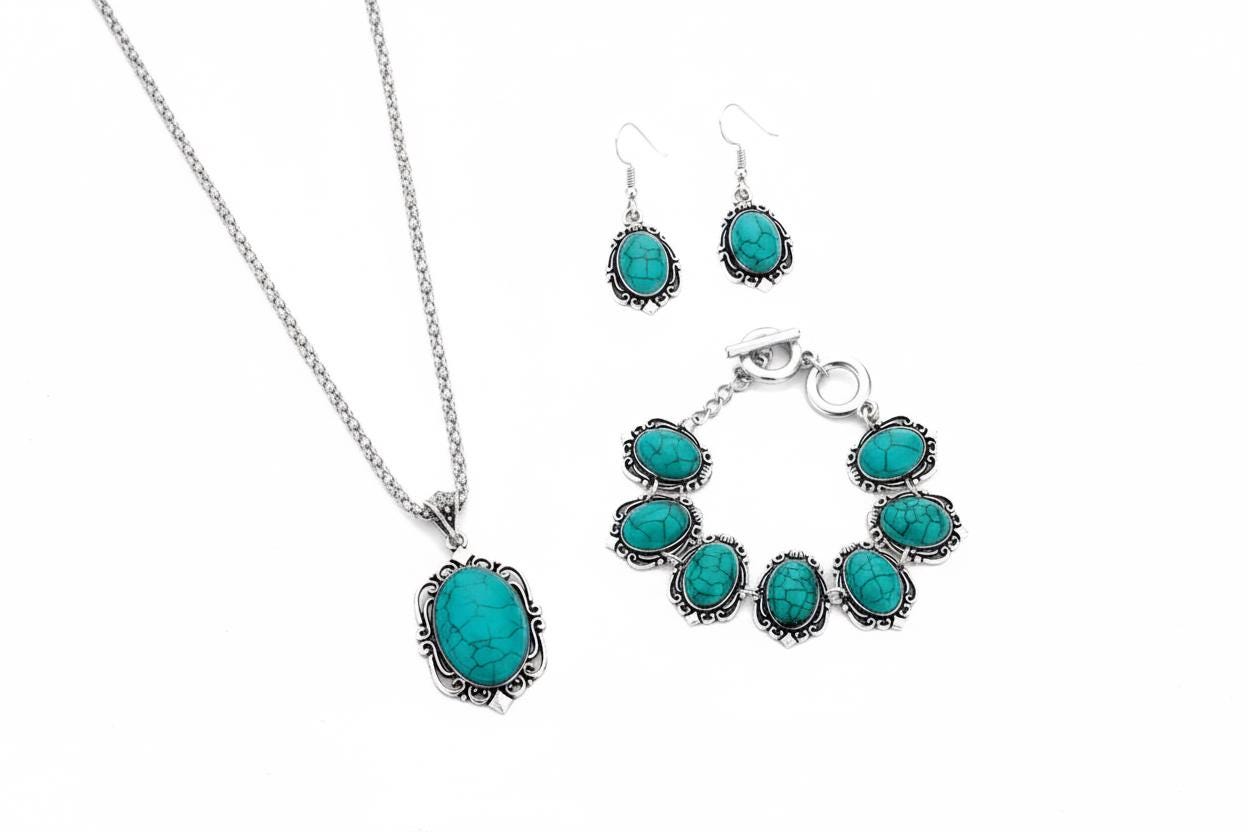Boho Turquoise Jewelry Set: Vintage Flower Necklace, Earrings, Bracelet ...