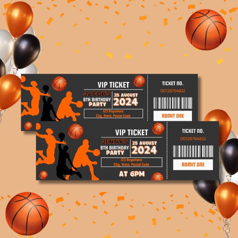 Editable Basketball Themed Ticket Invitation, Party Invite Ticket ...