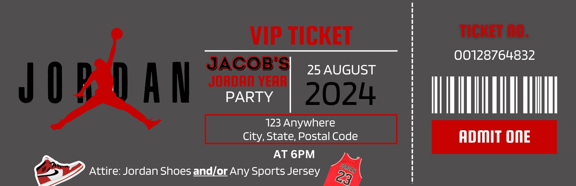 Editable Jordan Year Basket Ball Game Ticket Invitation, Party Ticket ...