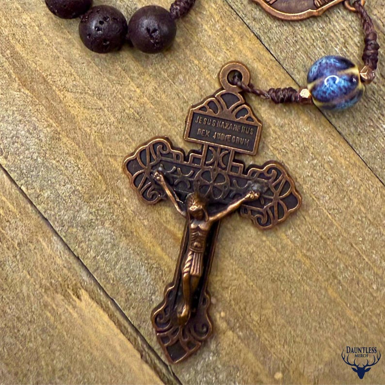 St. Michael Pocket Rosary, Brown Lava & Blue Ceramic Beads, Catholic ...