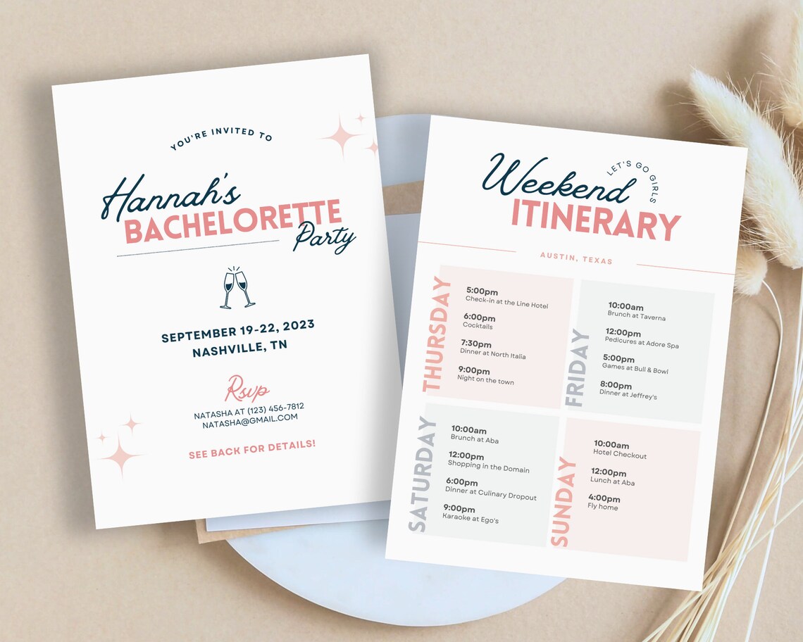 Editable Bachelorette Party Invitation and Itinerary Template Modern ...