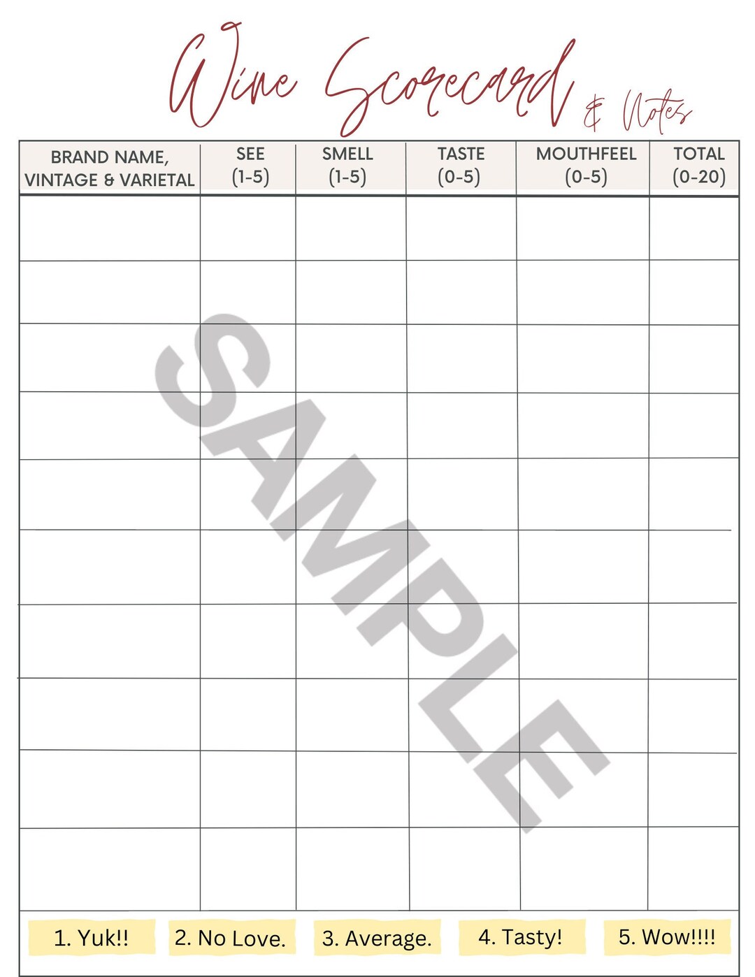 Wine Scorecard, Wine Scorecard and Notes, Wine Tasting, Wine Party ...