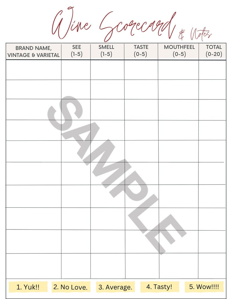 Wine Scorecard, Wine Scorecard and Notes, Wine Tasting, Wine Party ...